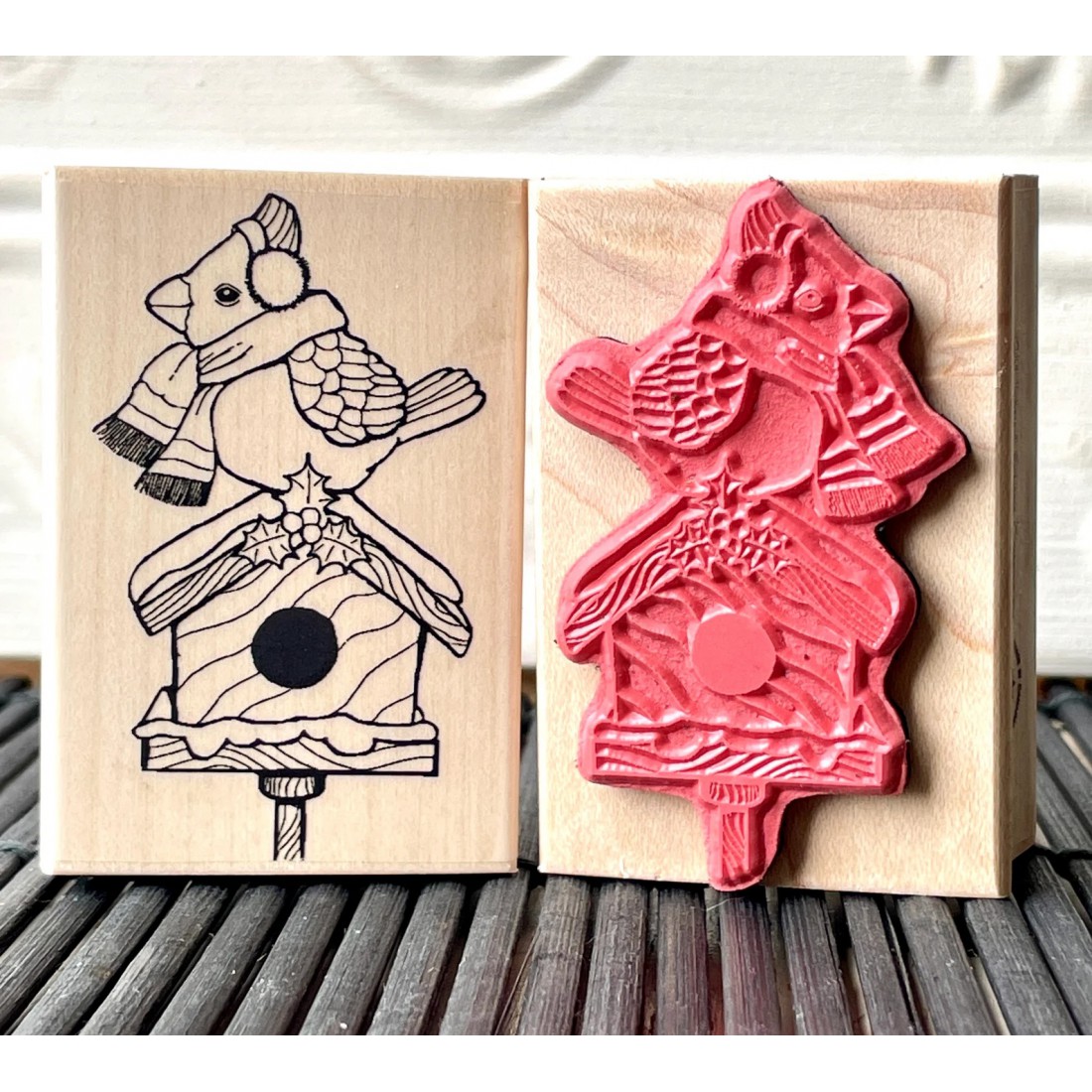 Christmas Cardinal Birdhouse Rubber Stamp from the Old Island Stamp Company